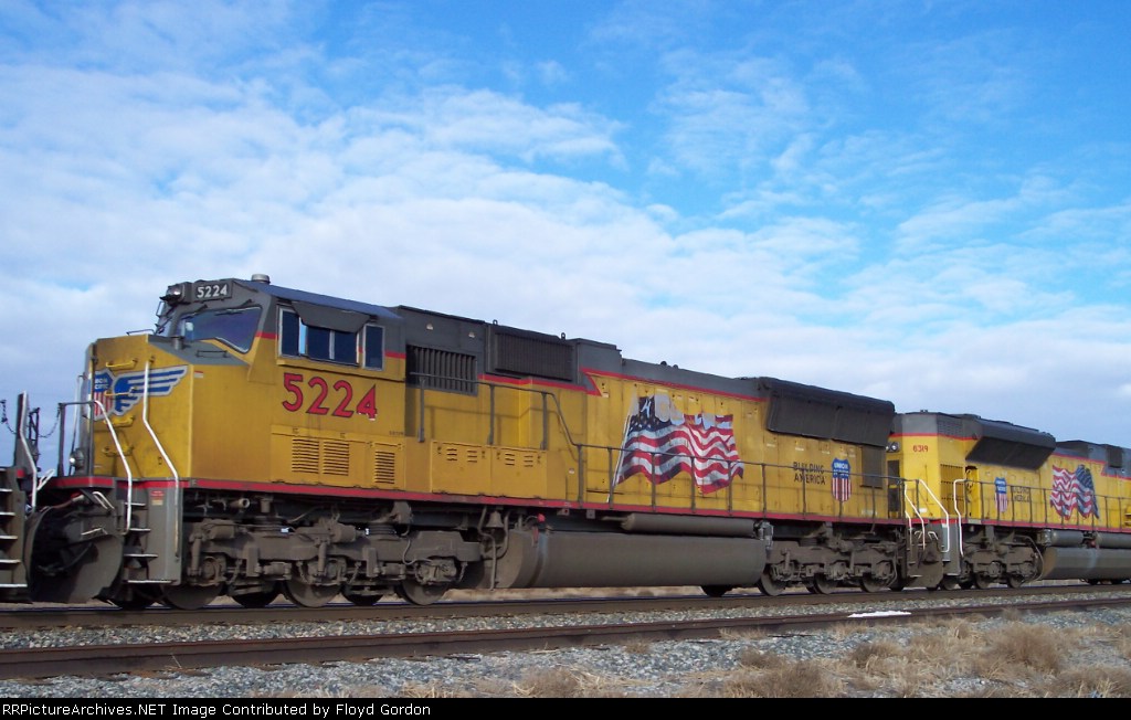 UP 5224 is middle unit of three unit mixed UP freight